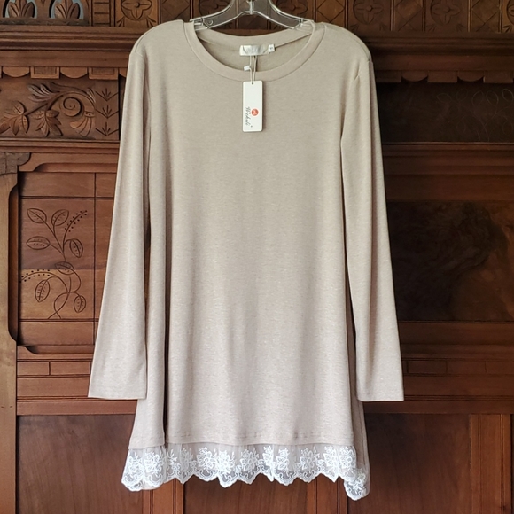 Wekili | Tops | Nwt Wekili Long Beige W Lace Trim Top S | Poshmark